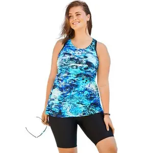 SWIM 365 Longer Length High-neck Racerback Tankini Top - Blue Abstract
