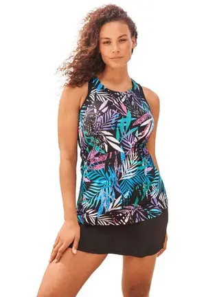 SWIM 365 Longer Length High-neck Racerback Tankini Top - Pink Textured Palm