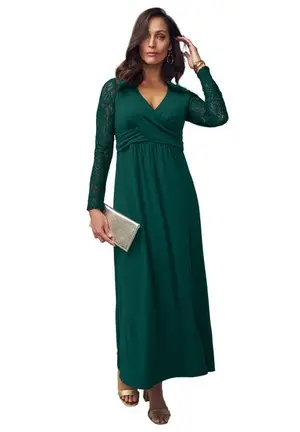 JESSICA LONDON Lace Sleeve Sweetheart Maxi Dress - Emerald Green