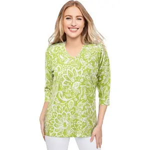 JESSICA LONDON Stretch Cotton V-neck Tee - Dark Lime Scroll Medallion