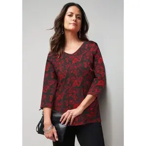 JESSICA LONDON Stretch Cotton V-neck Tee - Red Dancing Batik