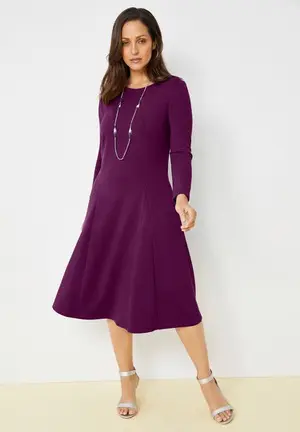 JESSICA LONDON Long Sleeve Stretch Ponte Fit-and-flare Dress - Dark Berry