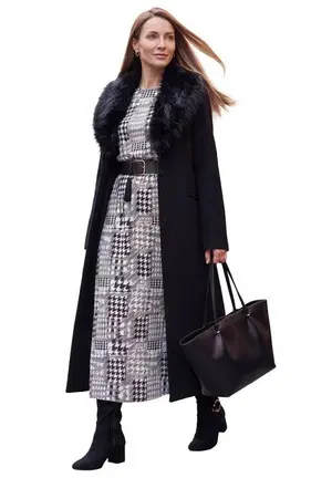 JESSICA LONDON Long Wool Blend Coat With Faux Fur Collar - Black