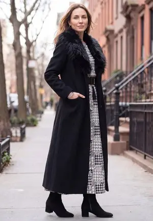JESSICA LONDON Long Wool Blend Coat With Faux Fur Collar - Black