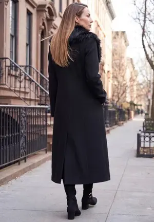 JESSICA LONDON Long Wool Blend Coat With Faux Fur Collar - Black