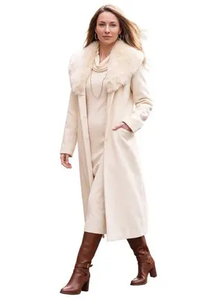 JESSICA LONDON Long Wool Blend Coat With Detachable Faux Fur Shawl Collar - Ivory