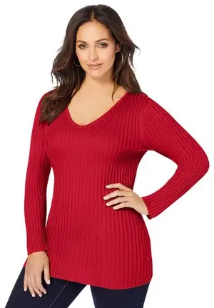 JESSICA LONDON Ribbed V-neck Sweater - Classic Red