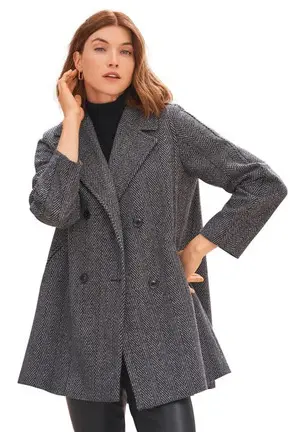 JESSICA LONDON A-line Wool Blend Pea Coat - Black Ivory Herringbone