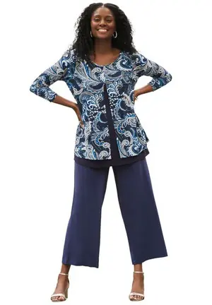 JESSICA LONDON Crew Neck Double Layered Tunic - Navy Paisley