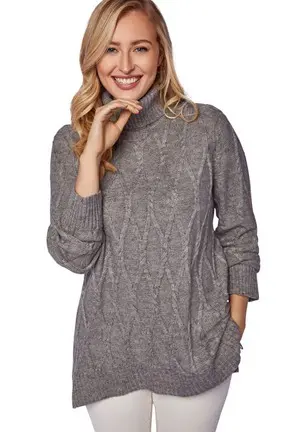 JESSICA LONDON Cable Knit Turtleneck Sweater - Medium Heather Grey