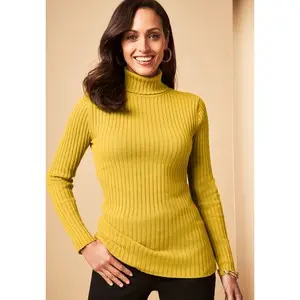 JESSICA LONDON Ribbed Cotton Turtleneck Sweater - Olive Yellow