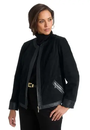 JESSICA LONDON Suede Jacket With Leather Trim - Black
