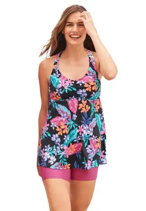 SWIM 365 Braided Tankini Top - Black Paradise Floral