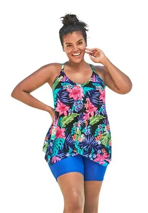 SWIM 365 Plus Size Longer-Length Draped Mesh Racerback Tankini Top Black Tropical Floral