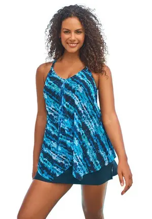 SWIM 365 Plus Size Longer-Length Draped Mesh Racerback Tankini Top Blue Watercolor Stripe