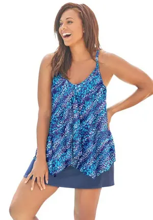 SWIM 365 Plus Size Longer-Length Draped Mesh Racerback Tankini Top Multi Dot Animal