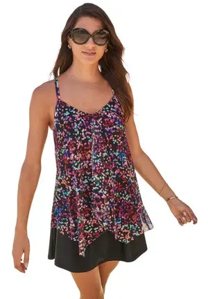 SWIM 365 Plus Size Longer-Length Draped Mesh Racerback Tankini Top Party Multi