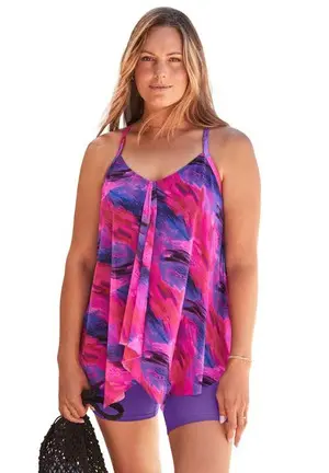 SWIM 365 Plus Size Longer-Length Draped Mesh Racerback Tankini Top Sunset Brushstroke