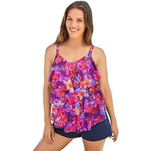SWIM 365 Longer-length Tiered-ruffle Tankini Top - Spiced Hibiscus