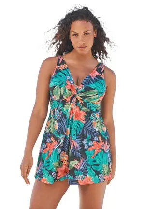 SWIM 365 Twist-front Swim Dress - Black Tropical Floral