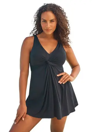 SWIM 365 Twist-Front V-Neck A-Line Swim Dress Black