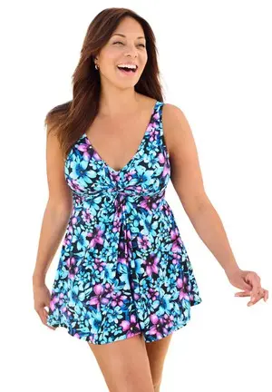 SWIM 365 Twist-front Swim Dress - Purple Multi Floral