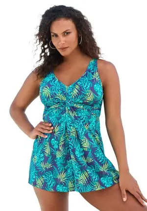 SWIM 365 Twist-Front V-Neck A-Line Swim Dress Vibrant Palm