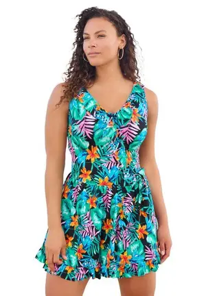 SWIM 365 Faux-wrap Swim Dress - Black Hula Palm