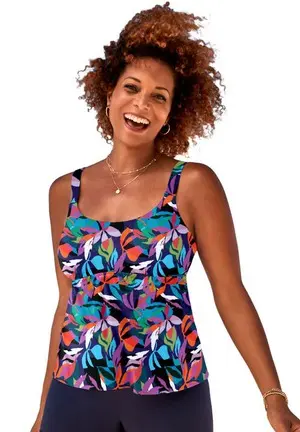 SWIMSUITS FOR ALL Flared Tankini Top - Navy Abstract Floral