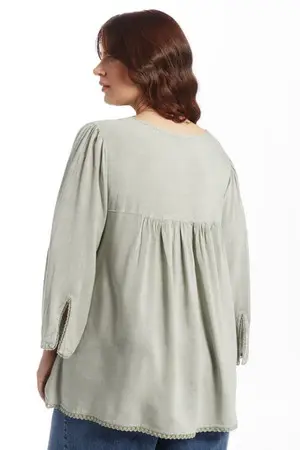 JUNE + VIE Acid Wash Peasant Blouse With Tie Neckline - Slate