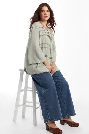 JUNE + VIE Acid Wash Peasant Blouse With Tie Neckline - Slate