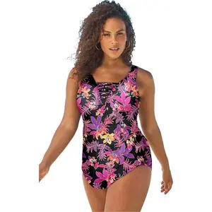 SWIM 365 Sarong-front One-piece Swimsuit - Pink Neon Floral