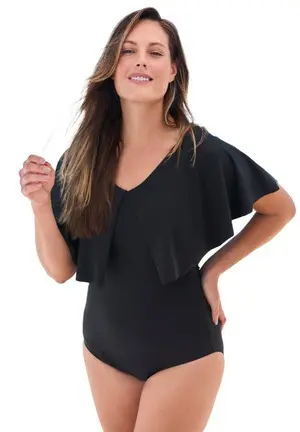 SWIM 365 Flutter Sleeve One Piece Swimsuit With V-neck And Tummy Control - Black