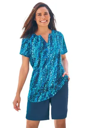 SWIM 365 Split-neck Short Sleeve Swim Tee With Built-in Bra - Aqua Abstract