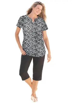SWIM 365 Split-neck Short Sleeve Swim Tee With Built-in Bra - Black White Abstract
