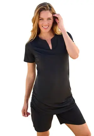 SWIM 365 Split-neck Short Sleeve Swim Tee With Built-in Bra - Black