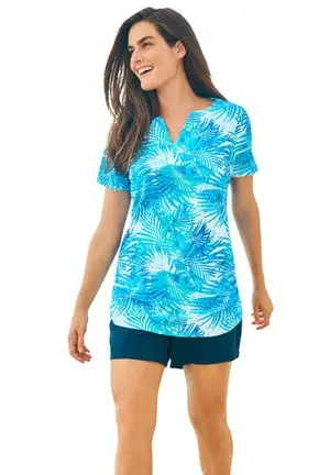 SWIM 365 Split-neck Short-sleeve Swim Tee With Built-in Bra - Blue Multi Leaves