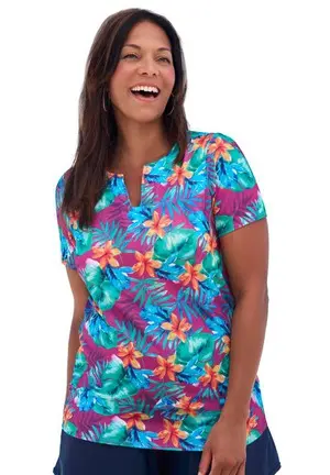 SWIM 365 Split-neck Short Sleeve Swim Tee With Built-in Bra - Hula Palm