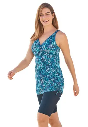 SWIM 365 Longer-length Side-tie Tankini Top - Blue Swirl Dot