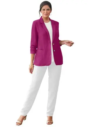 JESSICA LONDON Linen Blend Blazer With Notched Lapel And Vented Sleeves - Raspberry