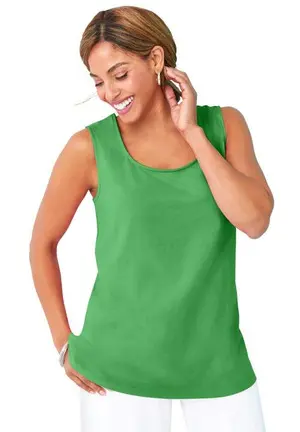 JESSICA LONDON Stretch Cotton Horseshoe Neck Tank - Grass