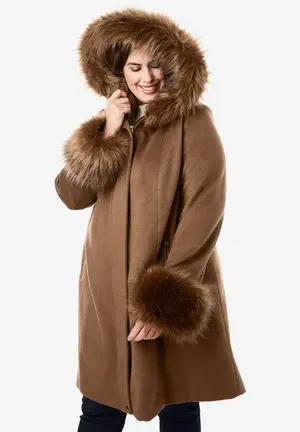JESSICA LONDON Hooded Faux Fur Trim Coat