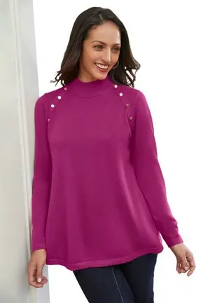 JESSICA LONDON Gold Button Mockneck Sweater - Raspberry