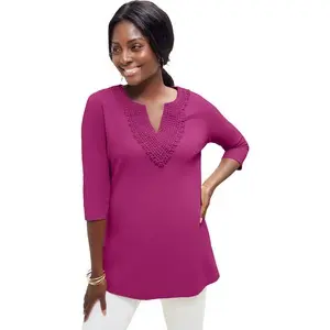 JESSICA LONDON Stretch Cotton Crochet Notch Neck Tunic - Raspberry