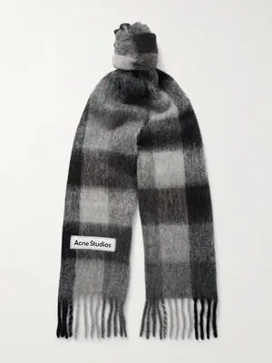 Acne Studios Fringed Checked Knitted Scarf - Gray