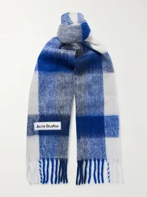 Acne Studios Vally Fringed Checked Knitted Scarf - Blue