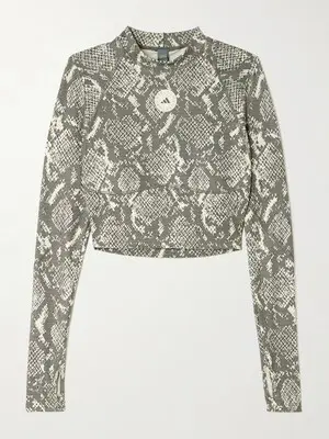 Adidas By Stella McCartney Cropped Snake-print Stretch Top - Gray