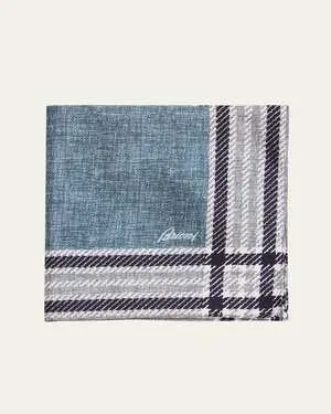 Brioni Men's Silk Check-Trim Pocket Square Aqua