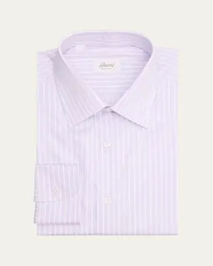 Brioni Men's Cotton Twill Multi-Stripe Dress Shirt Purwht