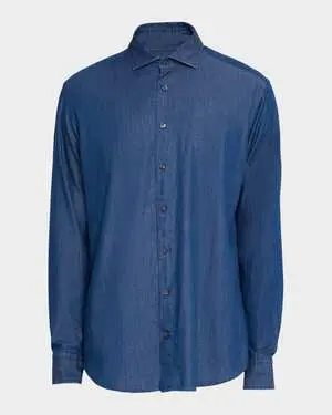 Neiman Marcus Denim Spread-collar Sport Shirt - Dark Blue Wash